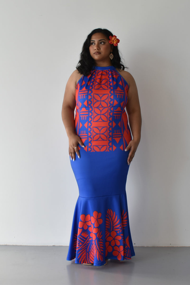MALIA DRESS - HALTER MAXI DRESS - RED & BLUE – Penina's Island Boutique